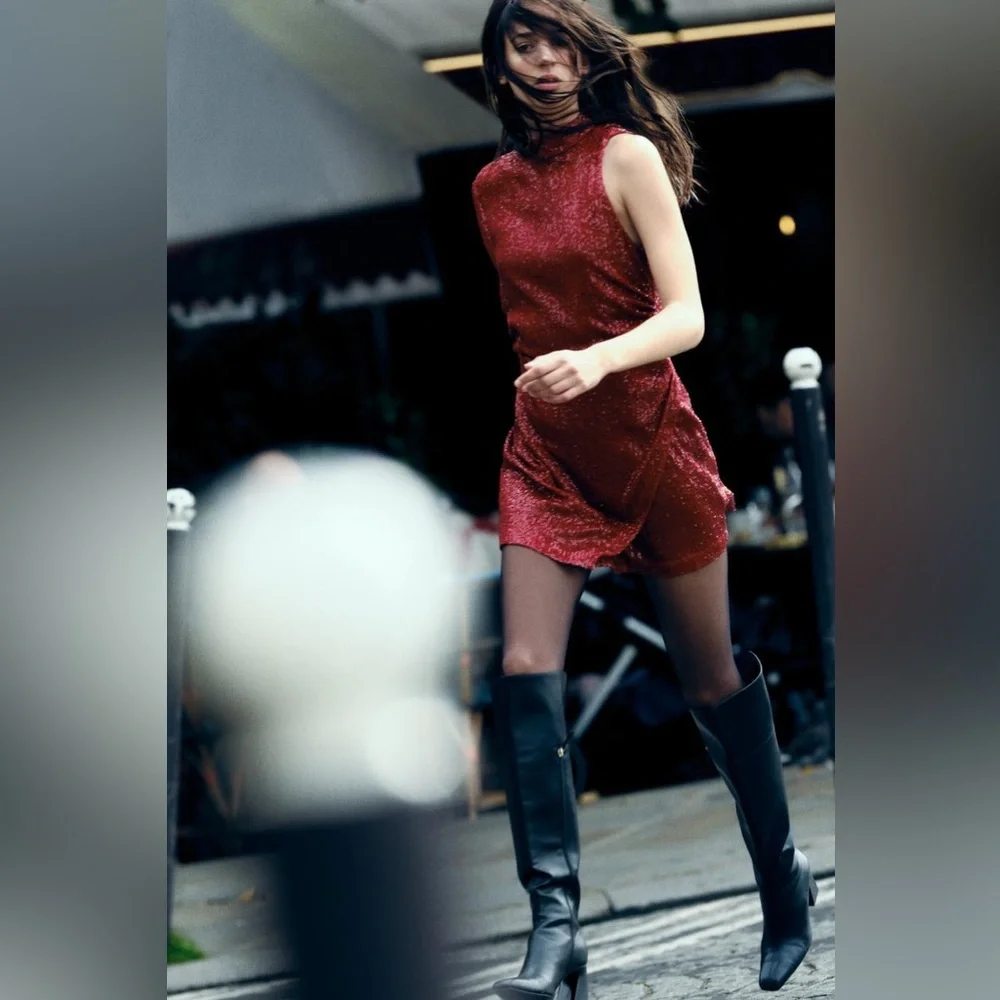 Zara | Dresses | Zara Red Sparkle Mini Dress One Sleeve | Poshmark